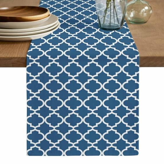 Blue Moroccon Table Runner, Middle Century Minimalist Rustic Geometric ...