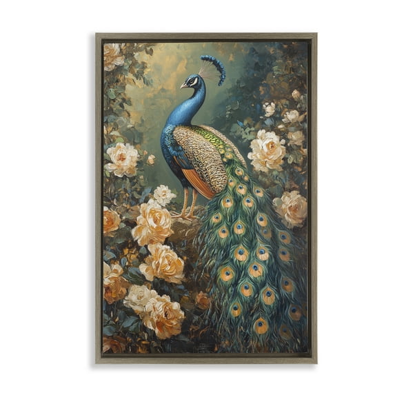 Stupell Industries Blue Morris Inspired Peacock Brown Framed Floater Canvas Wall Art, design by ...