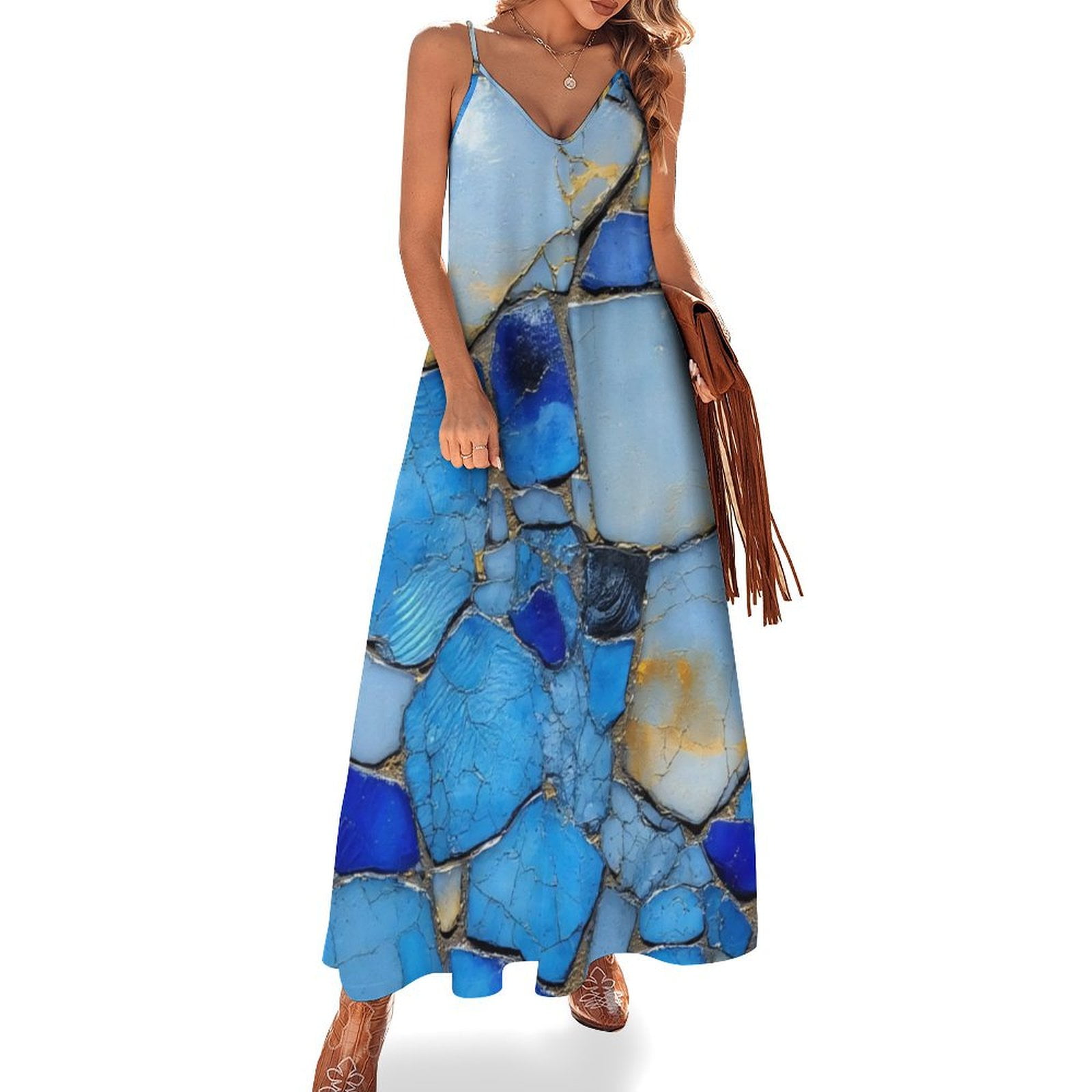 Blue Mosaic Art Tiles Sleeveless Dress Women's Luxury Party Dress ...