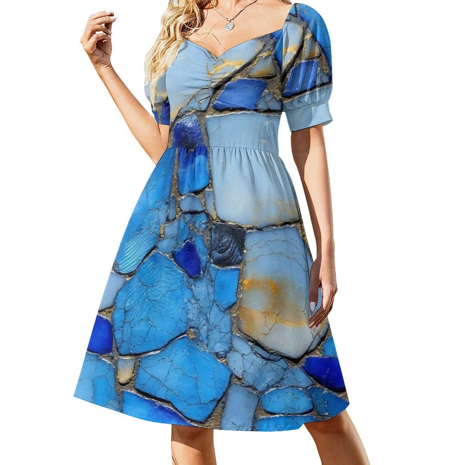 Blue Mosaic Art Tiles Summer Women's Dress 2025 Elegant Dresses Plus ...