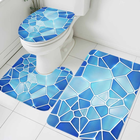 Blue Mosaic Bathroom Rugs Set Modern Abstract Crimson Tiles Geometric ...