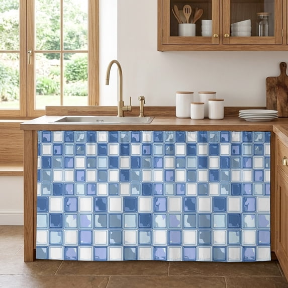 Blue Mosaic Checkered Cabinet Curtains for Kitchen 28"W x 51"L, Modern ...