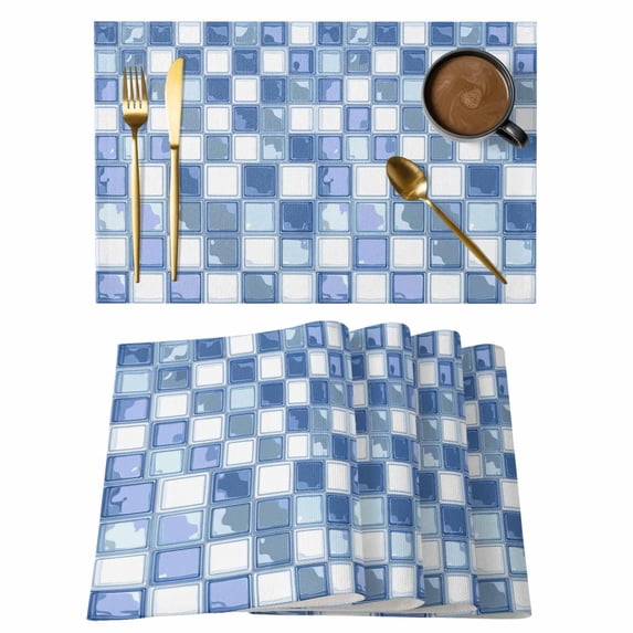Blue Mosaic Checkered Placemats Set of 6, Modern Abstract Geometric ...