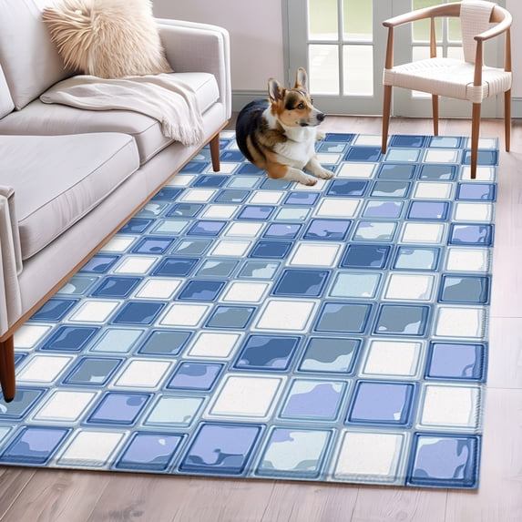 Blue Mosaic Checkered Washable Area Rug 3x5 Modern Abstract Geometric ...