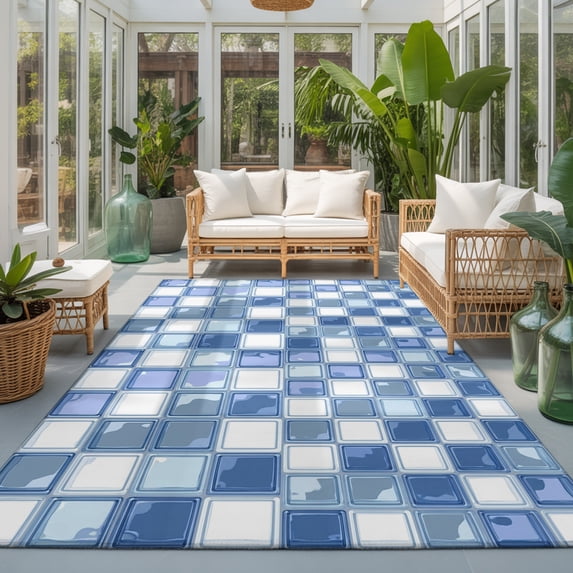 Blue Mosaic Checkered Washable Living Room Rugs 9'x12', Modern Abstract ...