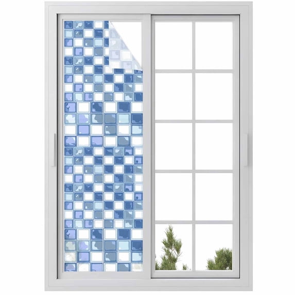Blue Mosaic Checkered Window Privacy Film Modern Abstract Geometric ...
