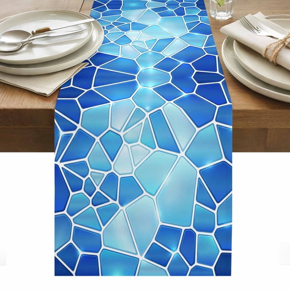 Blue Mosaic Cotton Linen Table Runner Modern Abstract Crimson Tiles ...