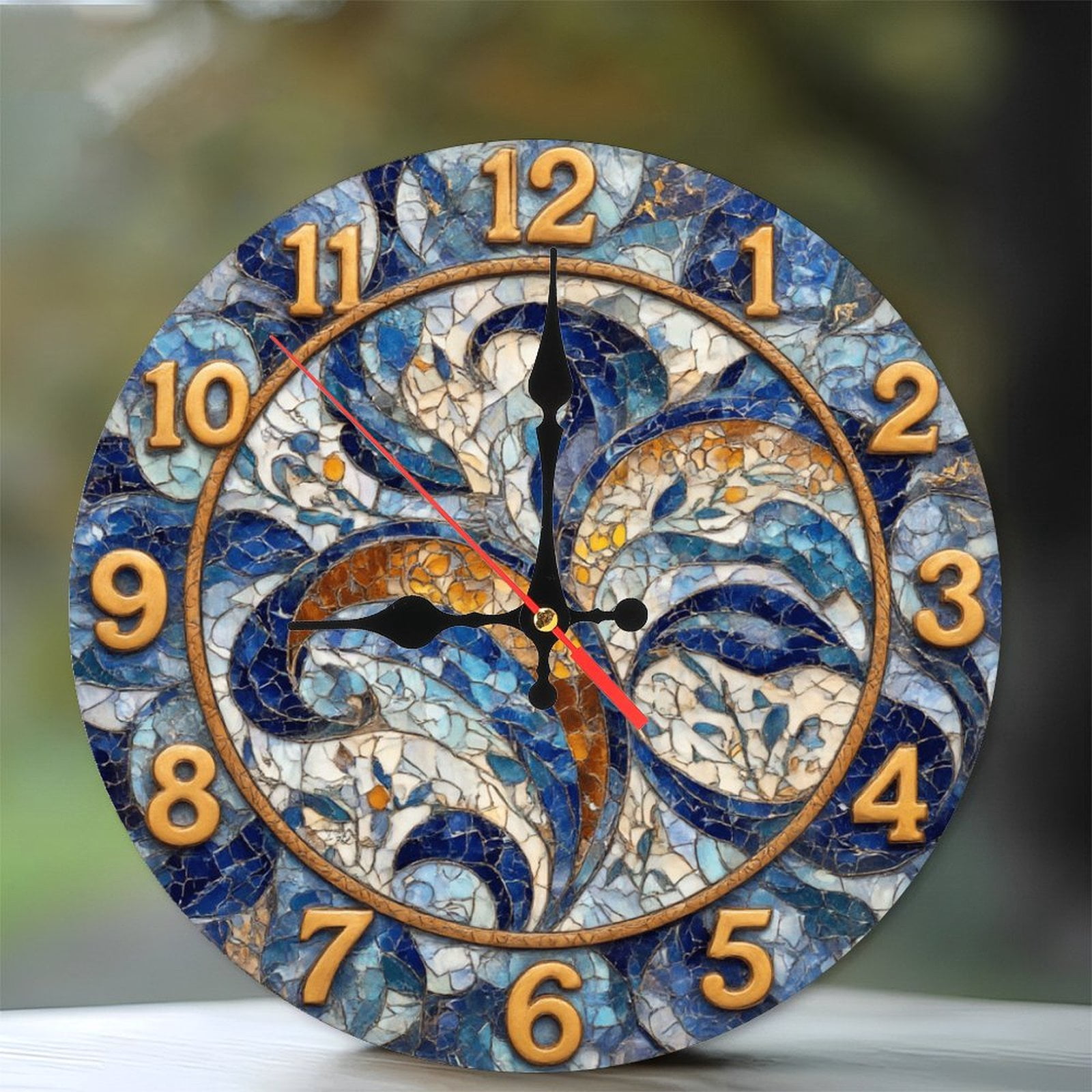 Blue Mosaic Glass Wall Clock Vintage Style Home Decor 10-Inch Silent ...