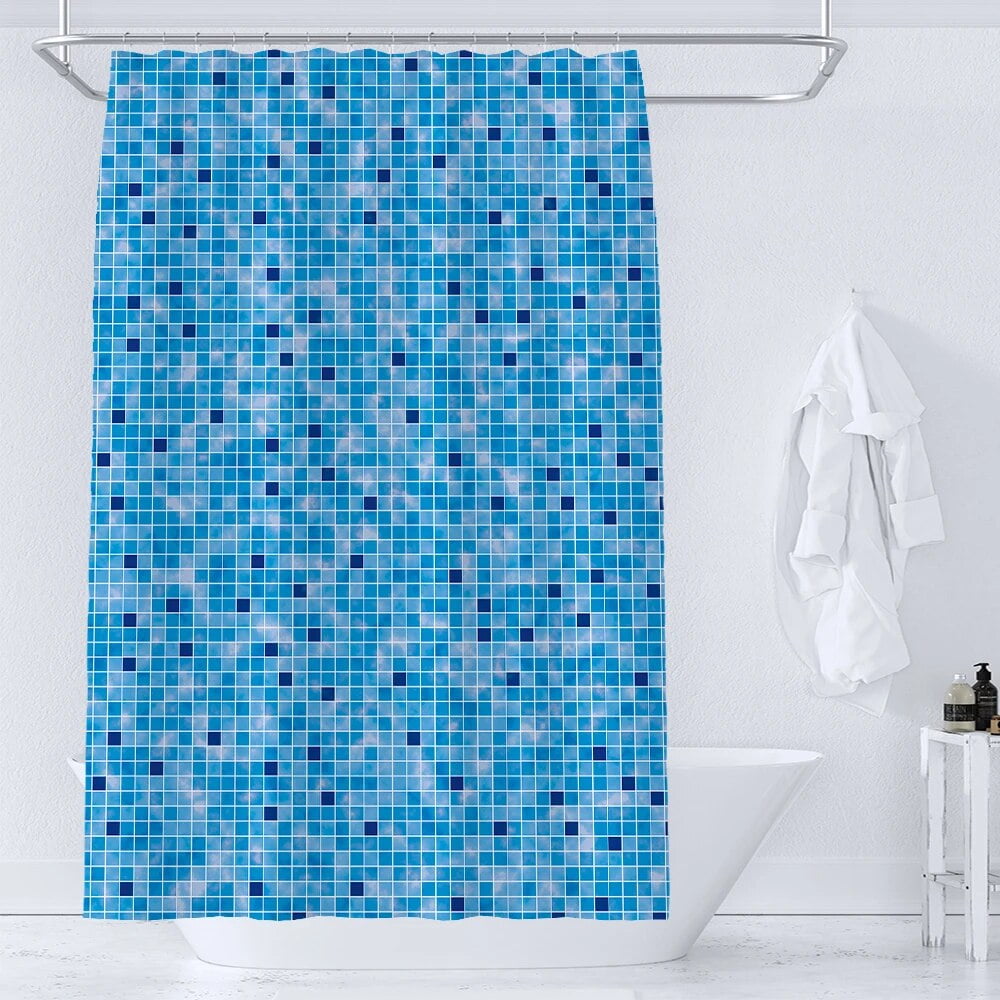 Blue Mosaic Pattern Shower Curtains Waterproof Polyester Bath Curtain