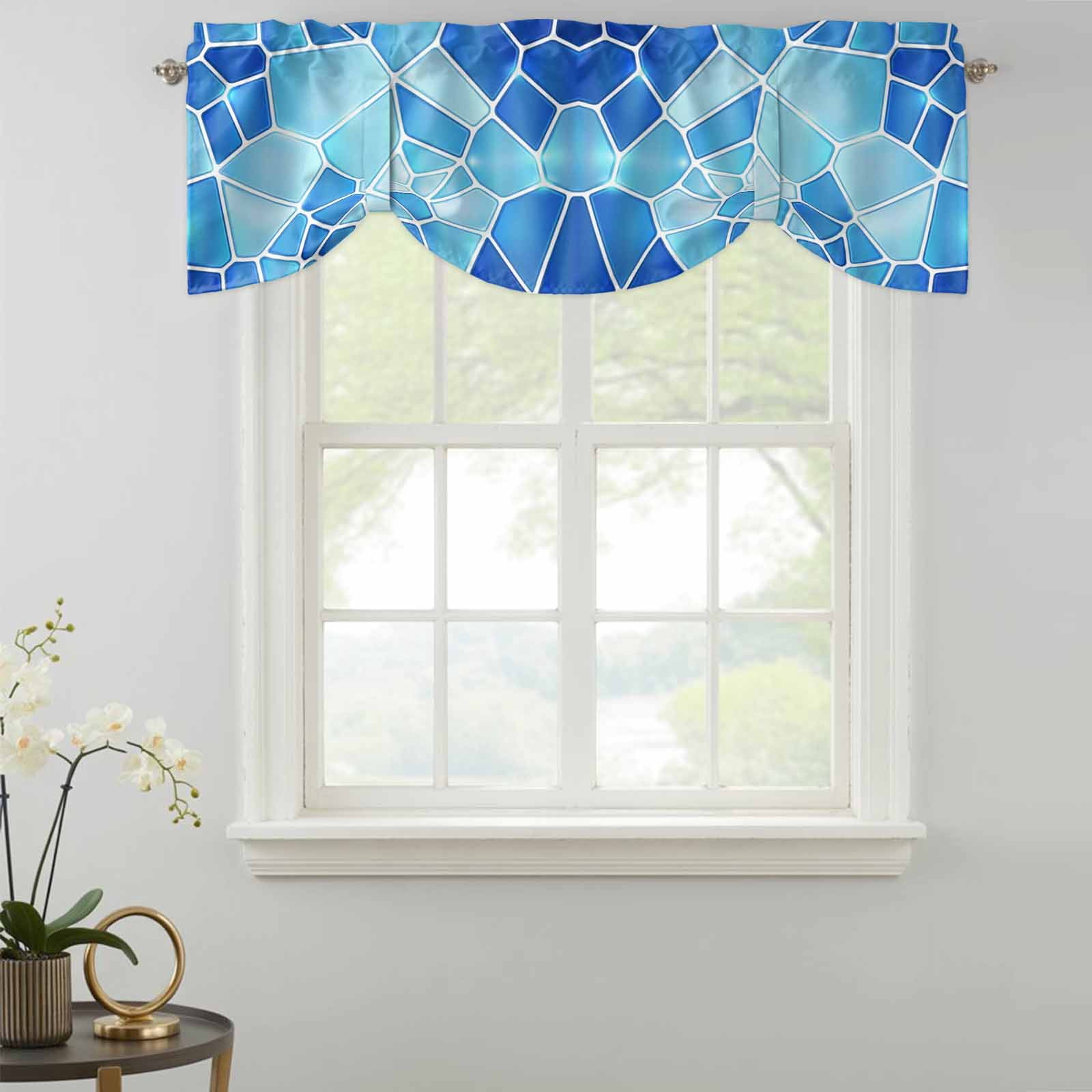 Blue Mosaic Tie Up Valances Curtain, Modern Abstract Crimson Tiles ...