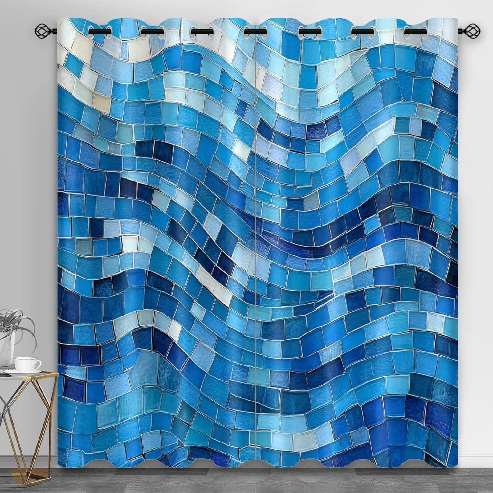 Blue Mosaic Tile Curtains For Living Room, Ocean Wave Pattern Blackout ...