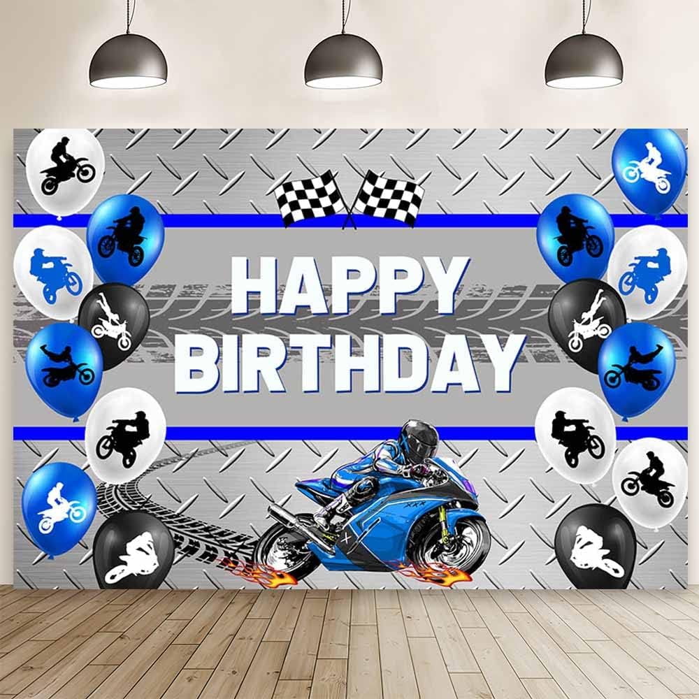 Blue Motorcycle Birthday Backdrop for Boy Motocross Racing Balloon ...