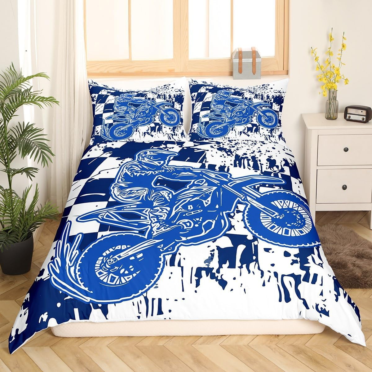 Blue Motorcycle Duvet Cover Graffiti Bedding Set for Kids Boys Girls ...