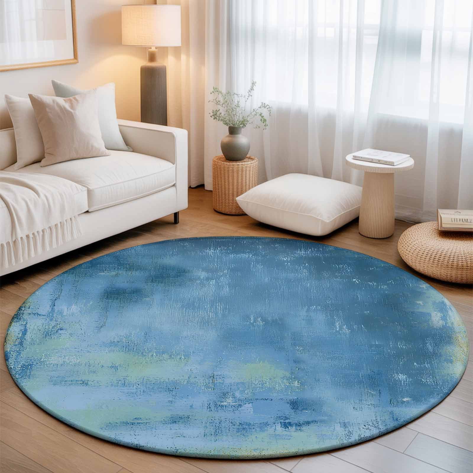 Blue Mottled Texture Abstract Round Rug 5ft Modern Minimalist Art ...