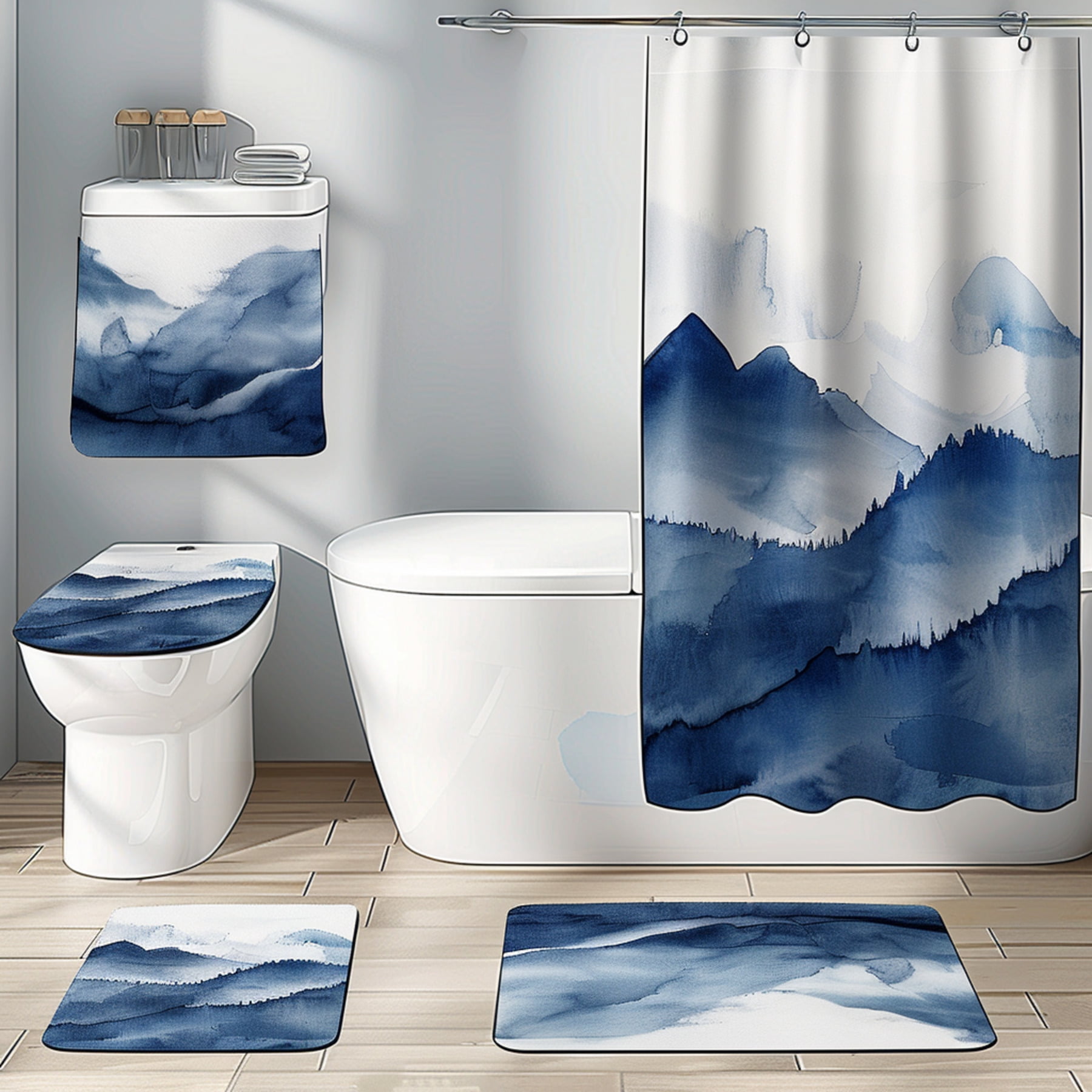 Blue Mountain Bathroom Set: Watercolor Ink Wash Style White Fabric Mats ...