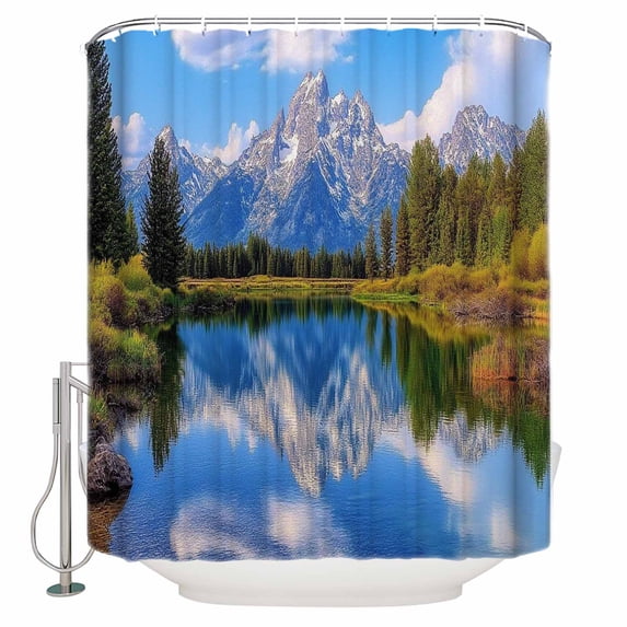 Blue Mountain Bathroom Shower Curtains with 12 Hooks Polyester ...