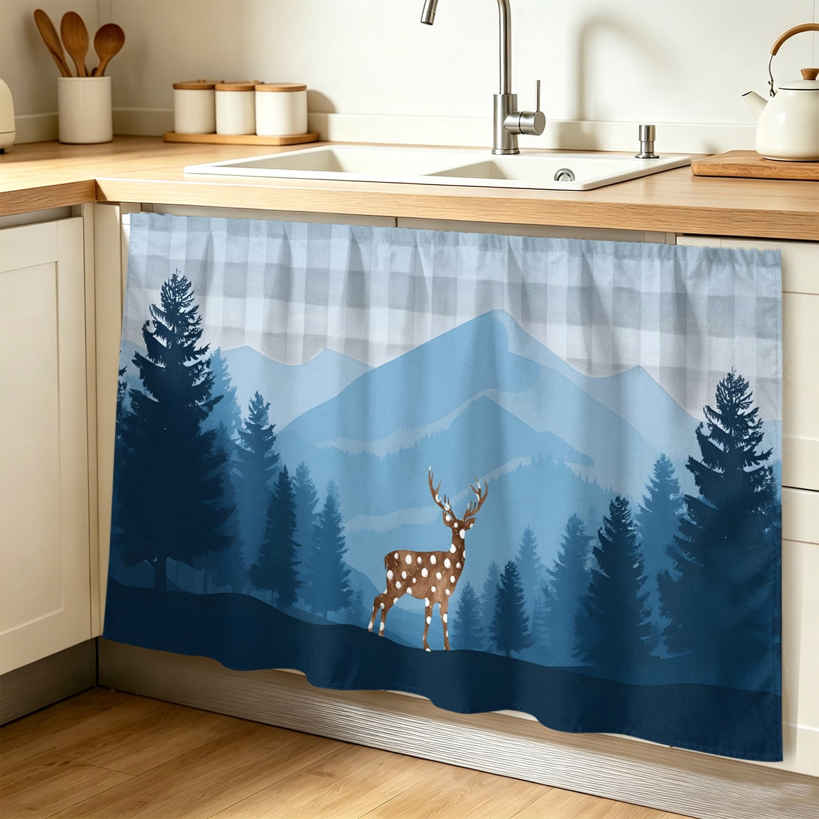 Blue Mountain Deer Cabinet Curtains for Shelves, Cabin Forest Buffalo ...