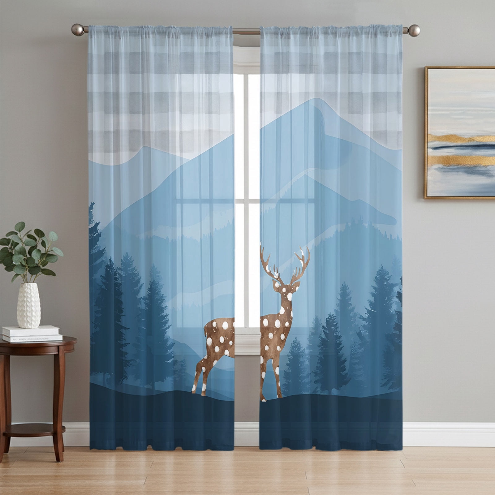 Blue Mountain Deer Sheer Curtains for Living Room Bedroom Cabin Forest ...