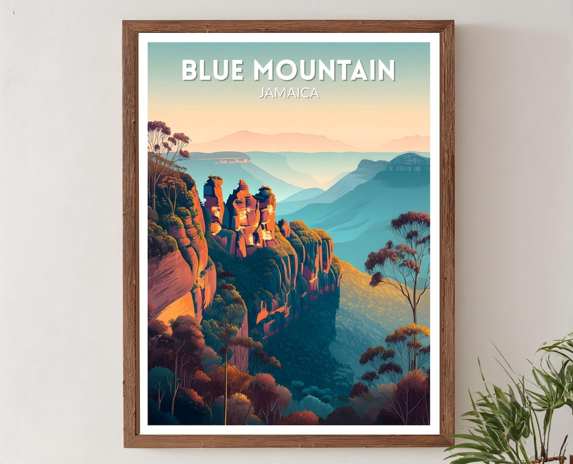Blue Mountain Jamaica Retro Travel Mid Century Modern Vintage Landscape ...