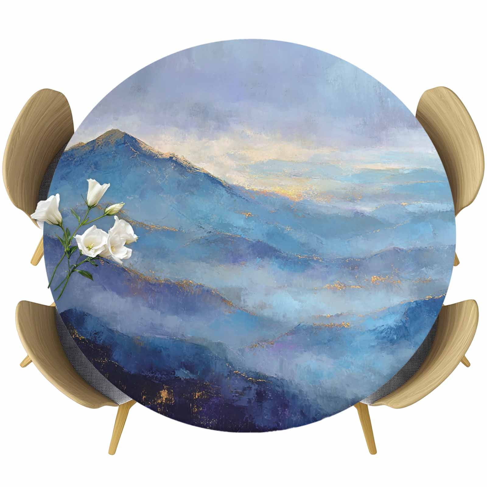 Blue Mountain Landscape Art Round Fitted Tablecloth with Elastic Edge ...