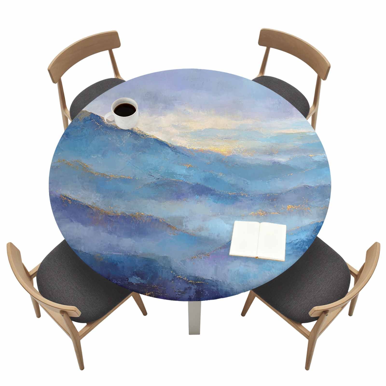 Blue Mountain Landscape Art Round Fitted Tablecloth with Elastic Edge ...