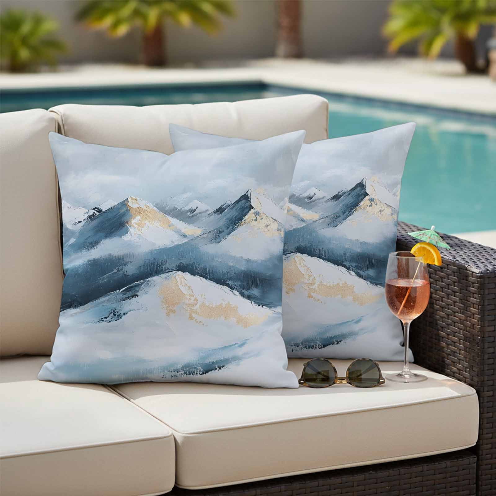 Blue Mountain Outdoor Throw Pillow Covers Set of 2, Abstract Sky Snow ...