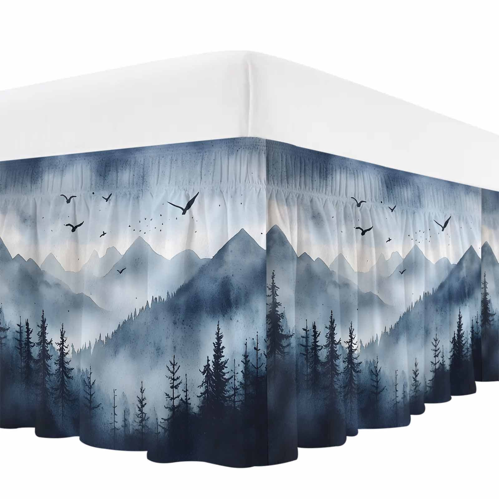 Blue Mountain Peak Bed Skirt King Size, Forest Tree Bird Fog Landscape ...