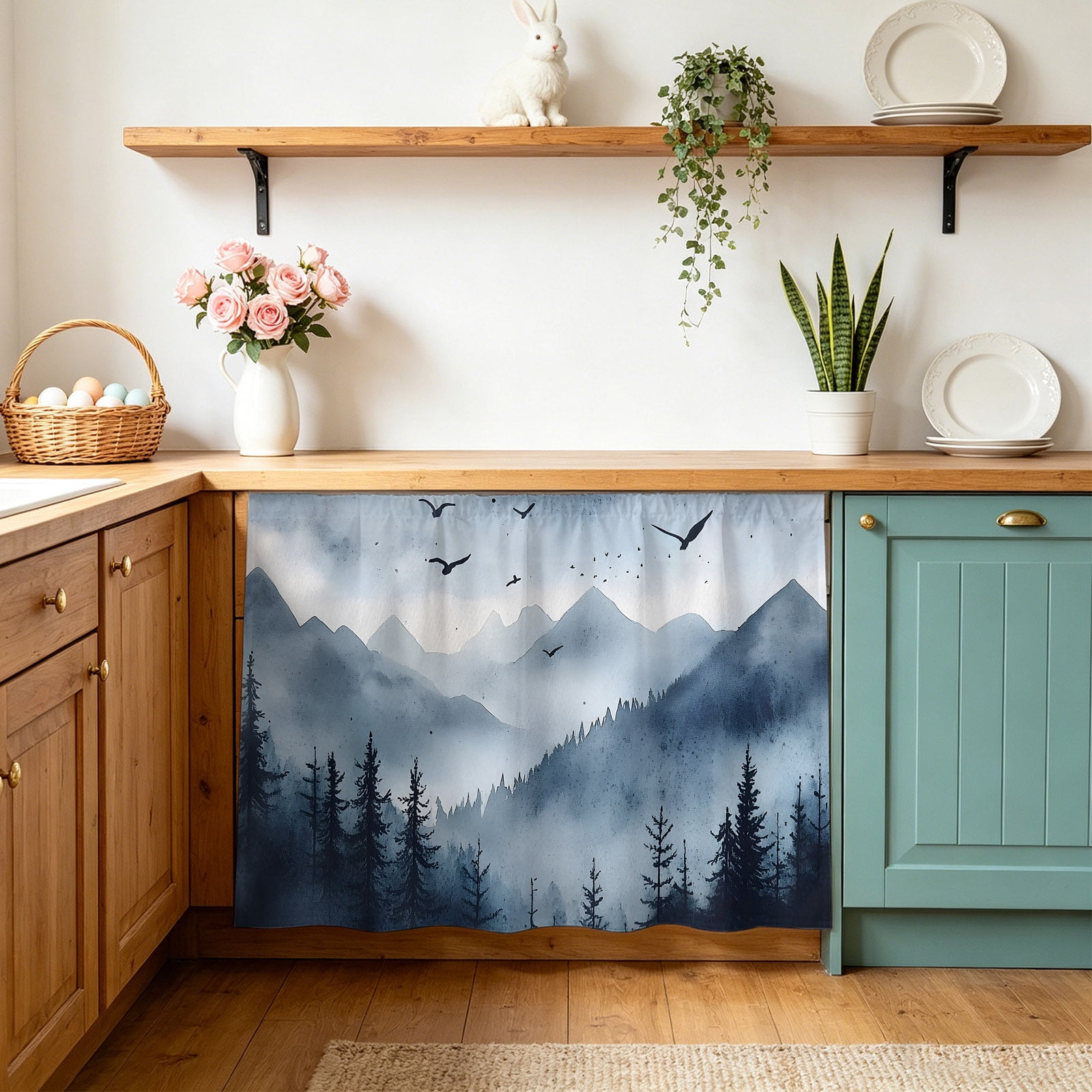 Blue Mountain Peak Cabinet Curtain 28"Wx35"L, Dustproof Under Sink ...