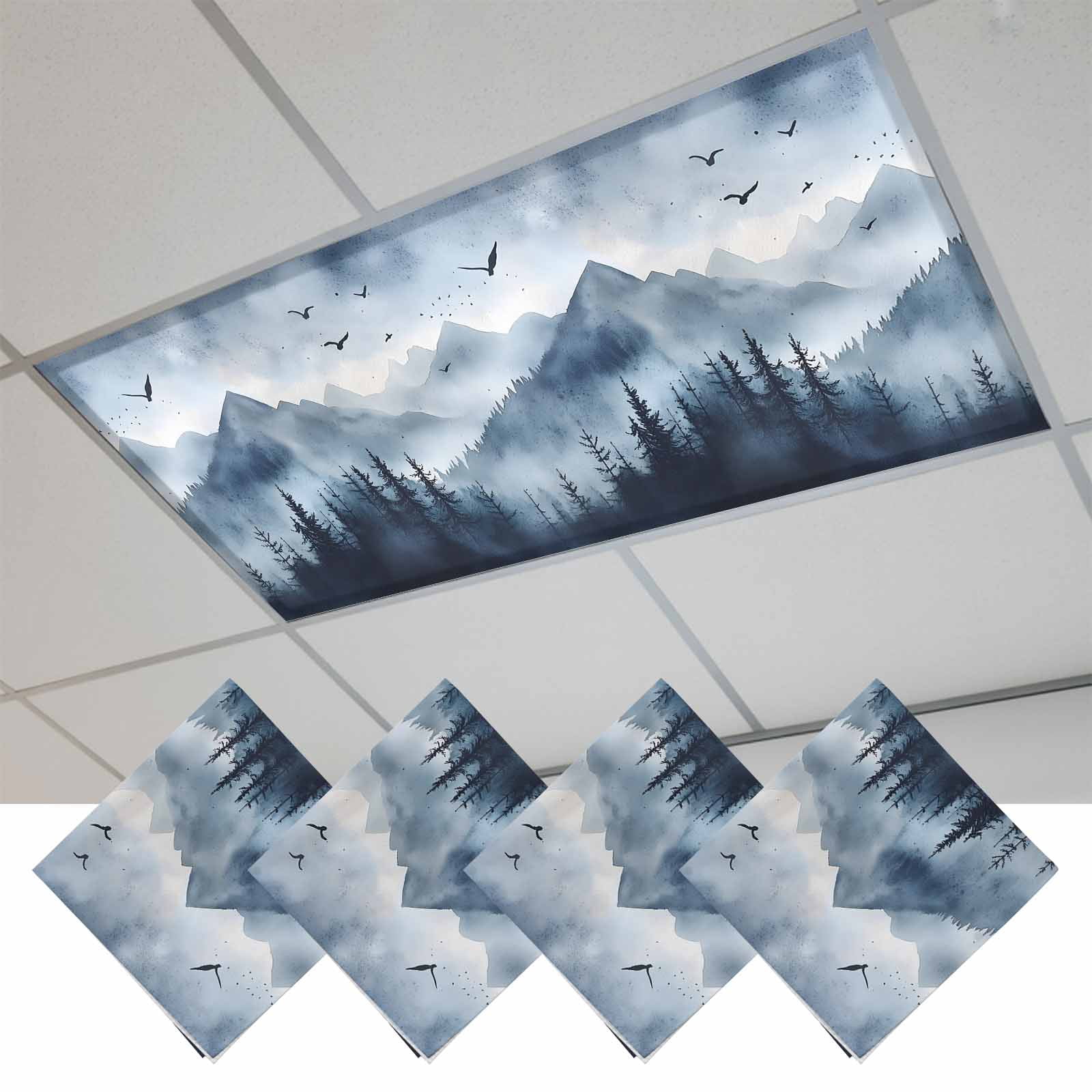 Blue Mountain Peak Fluorescent Light Covers, Forest Tree Bird Fog ...