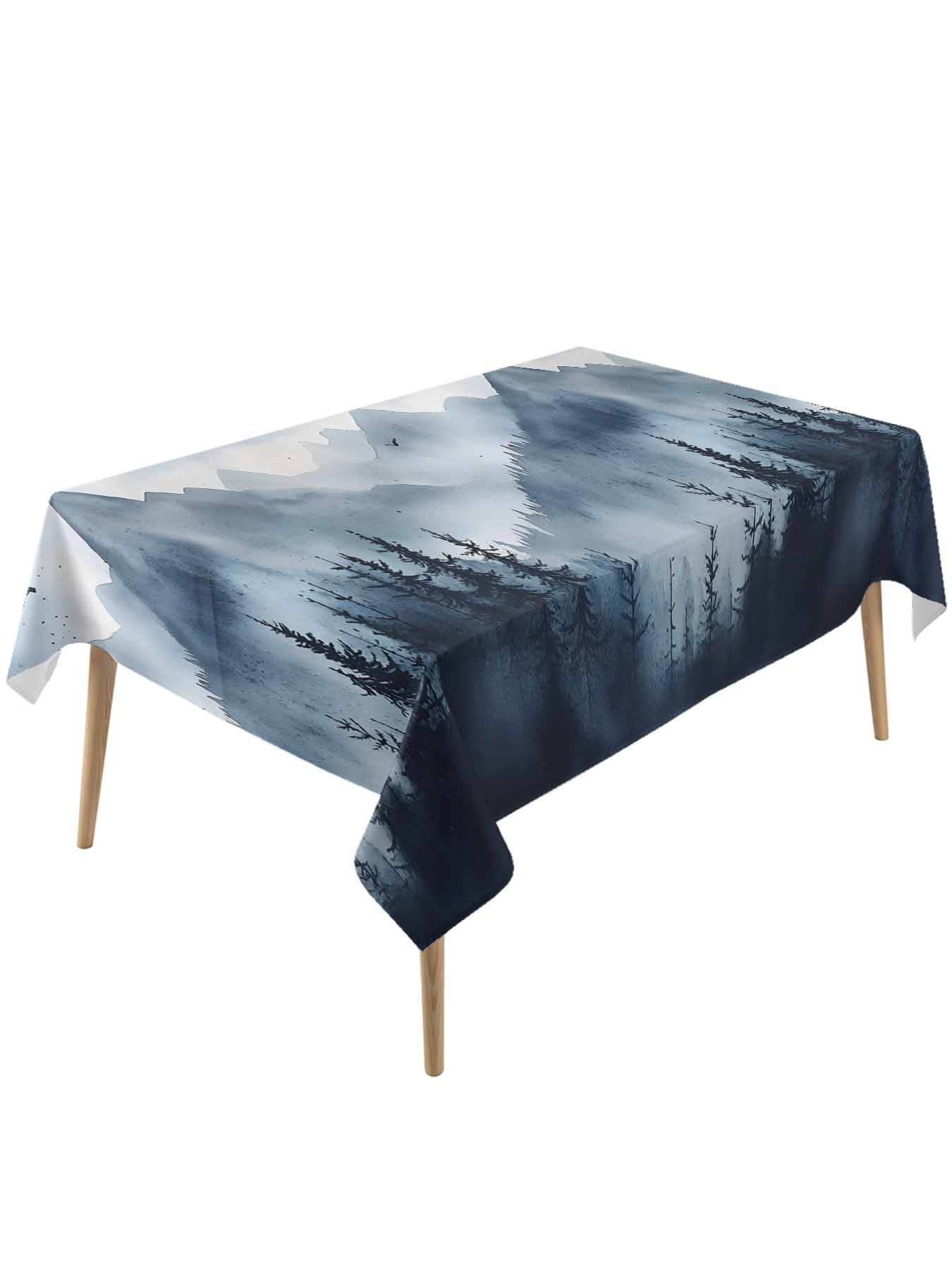Blue Mountain Peak Rectangle Tablecloth, Forest Tree Bird Fog Landscape ...