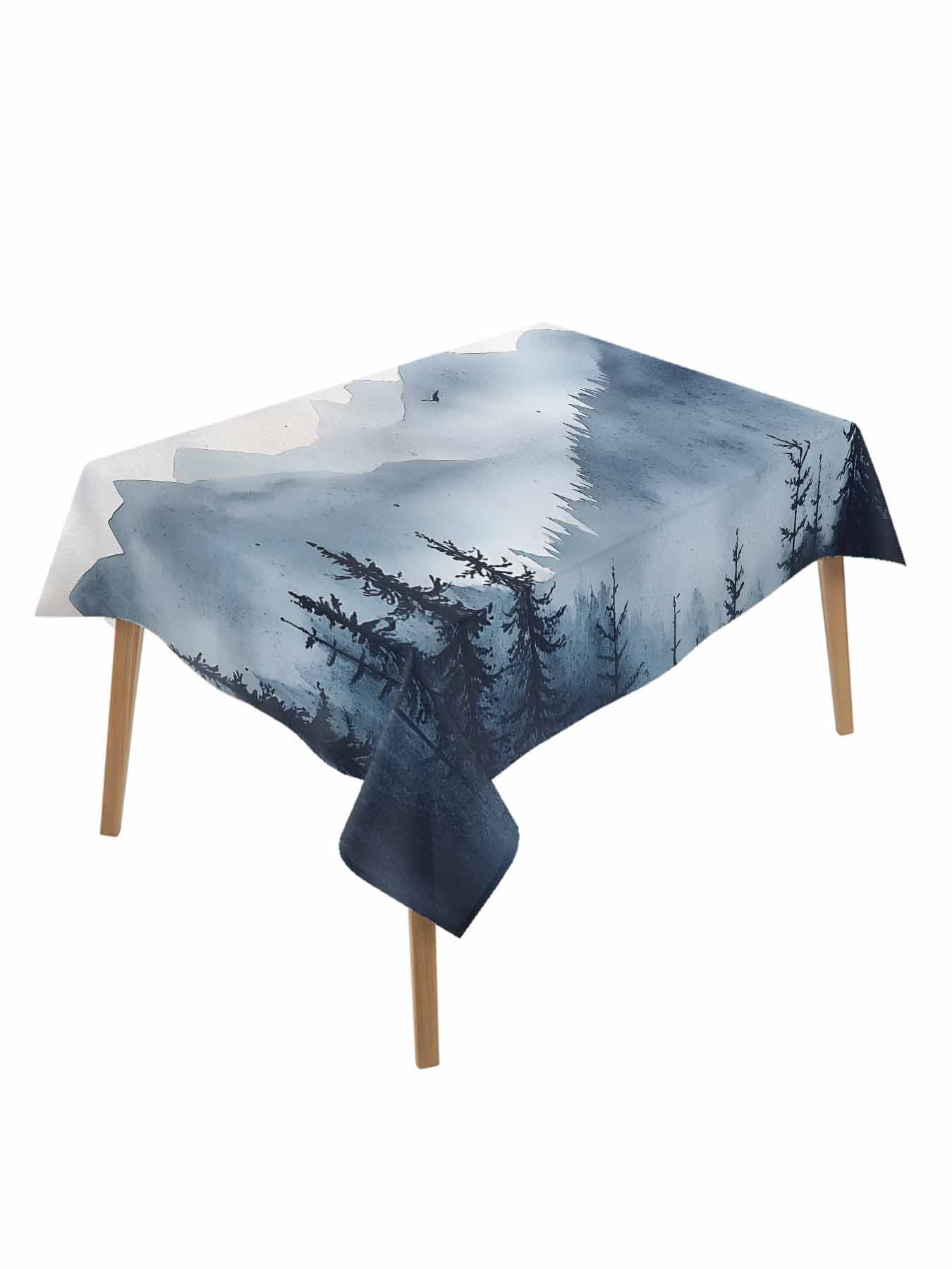 Blue Mountain Peak Table Cloth, Forest Tree Bird Fog Landscape ...