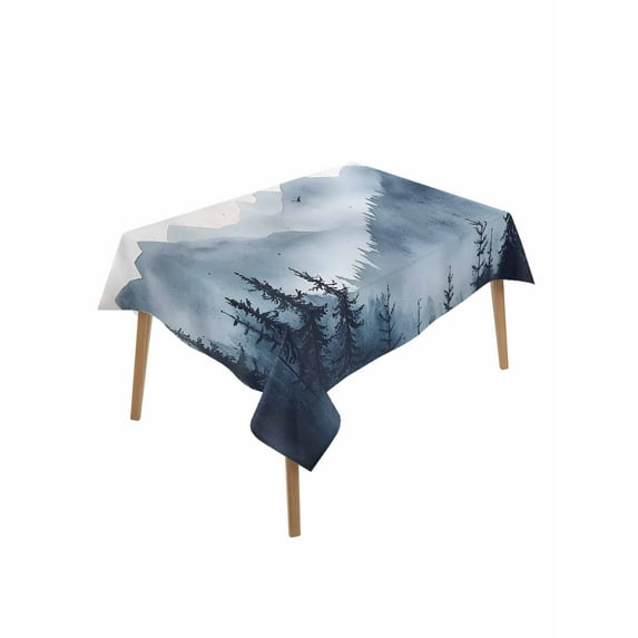 Blue Mountain Peak Table Cloth, Forest Tree Bird Fog Landscape ...