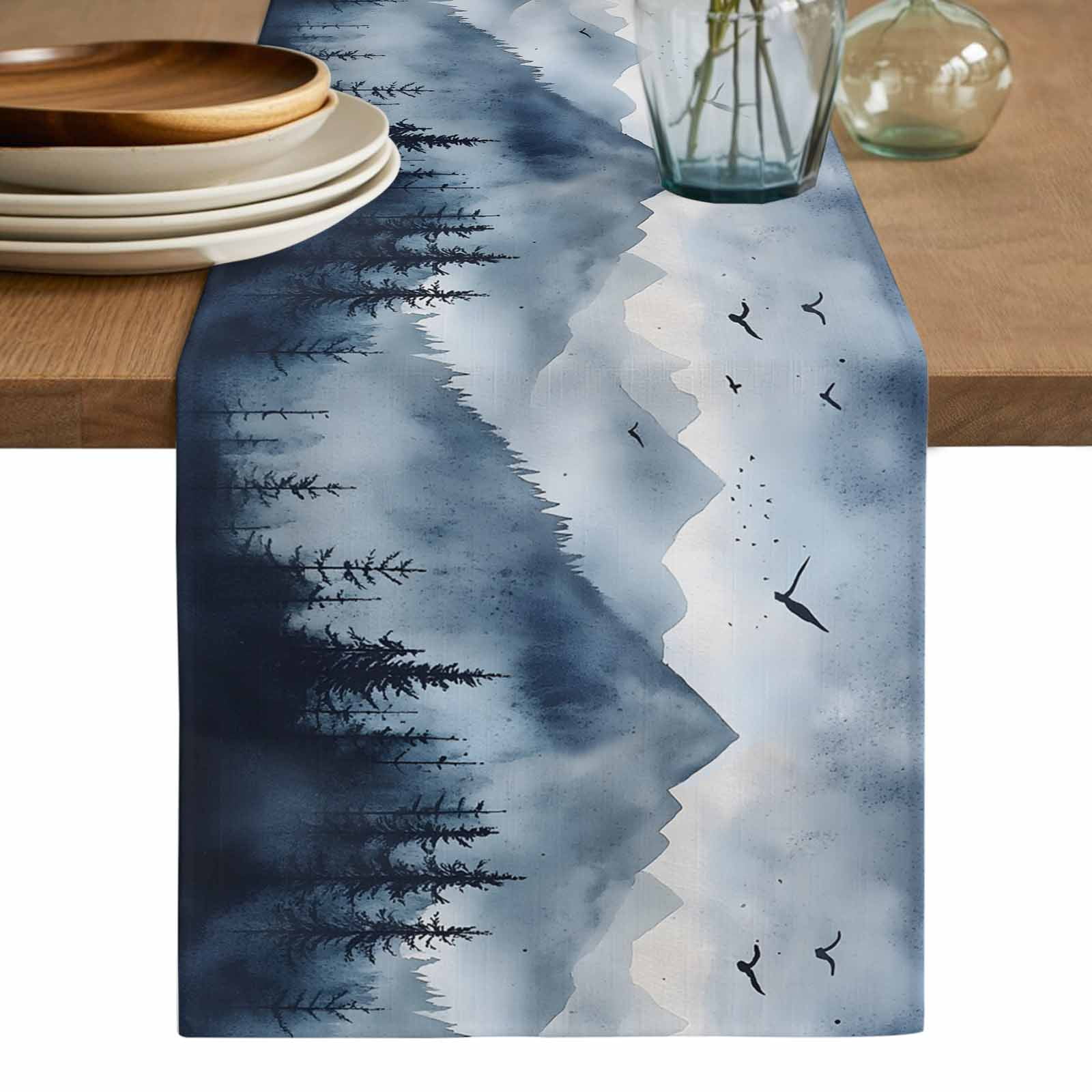 Blue Mountain Peak Table Runner, Forest Tree Bird Fog Landscape ...