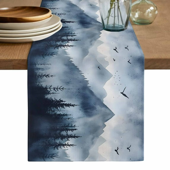 Blue Mountain Peak Table Runner, Forest Tree Bird Fog Landscape ...