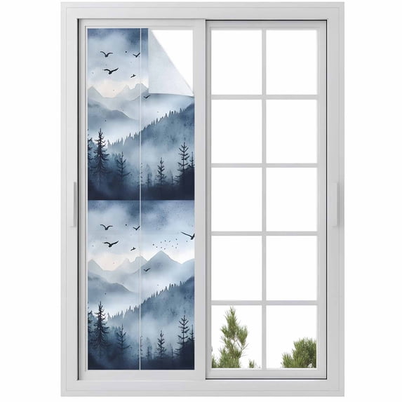 Blue Mountain Peak Window Privacy Film, Forest Tree Bird Fog Landscape ...