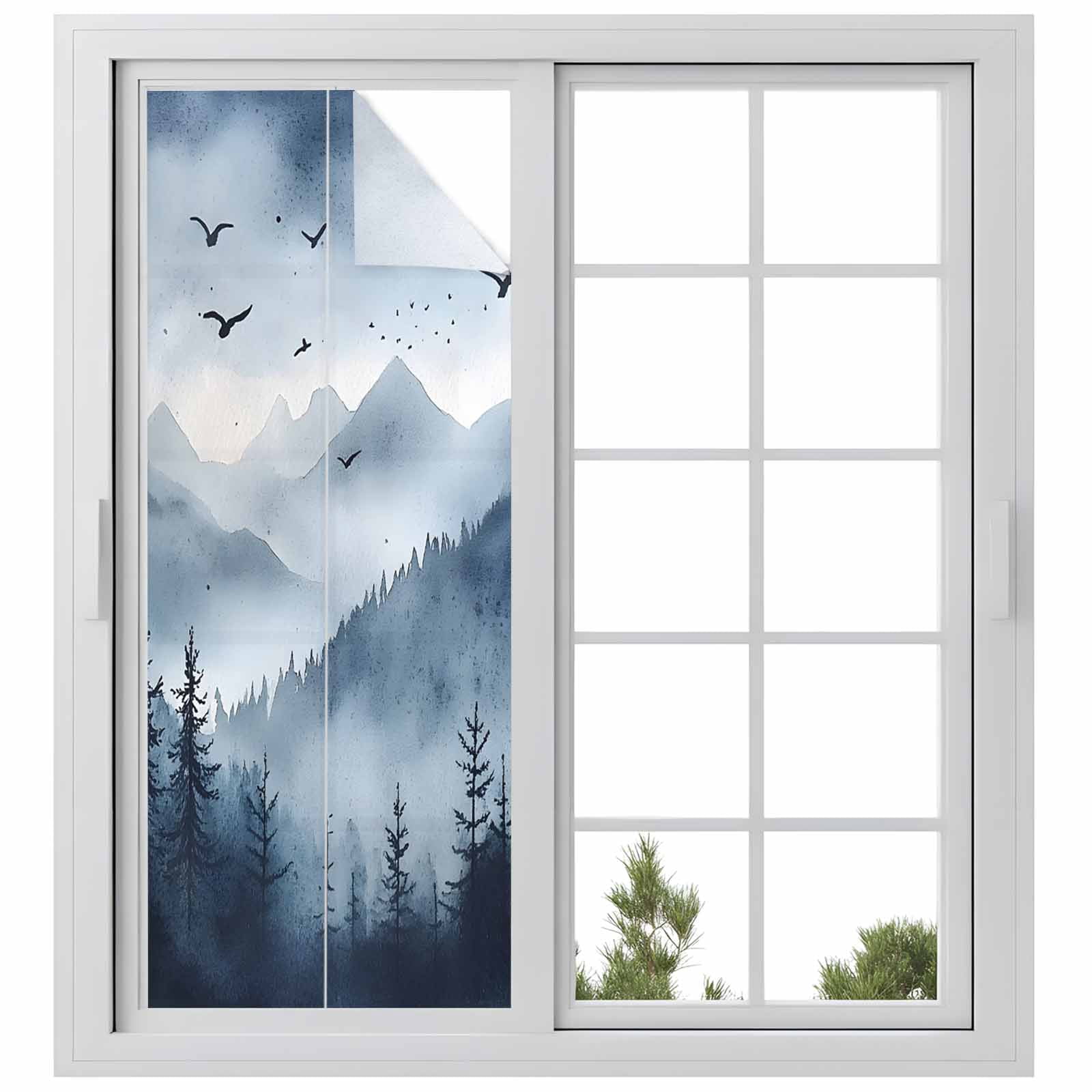 Blue Mountain Peak Window Privacy Film, Forest Tree Bird Fog Landscape ...