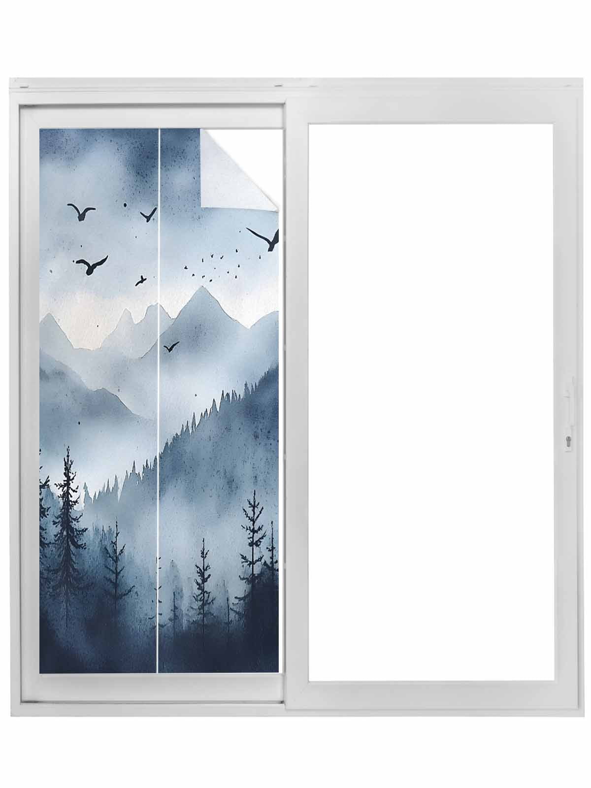 Blue Mountain Peak Window Privacy Film, Forest Tree Bird Fog Landscape ...
