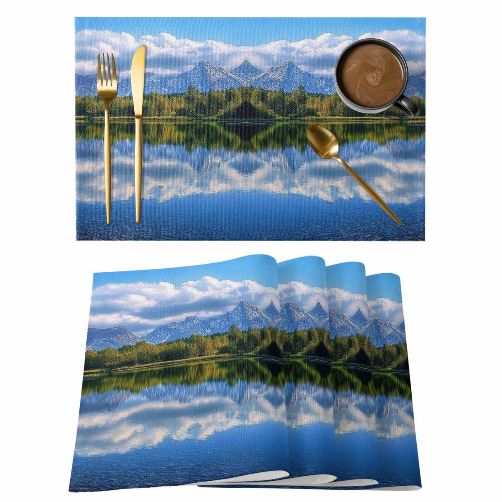 Blue Mountain Placemats Set of 12 Modern Art Green Forest Lake Place ...