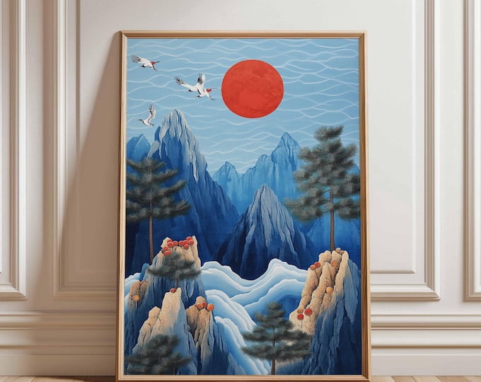 Blue Mountain Red Sun Wall Art Print, Unframed Paper Poster 24x36in ...