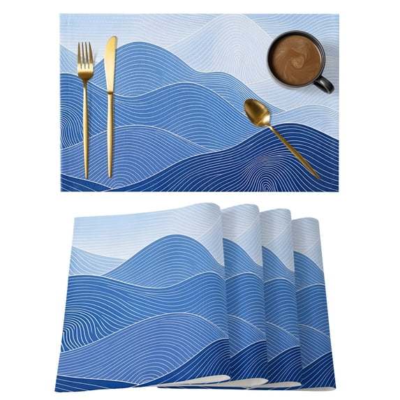 Blue Mountain Ridges Placemats Set of 8, Sky Blue Ombre Fluid Lines ...