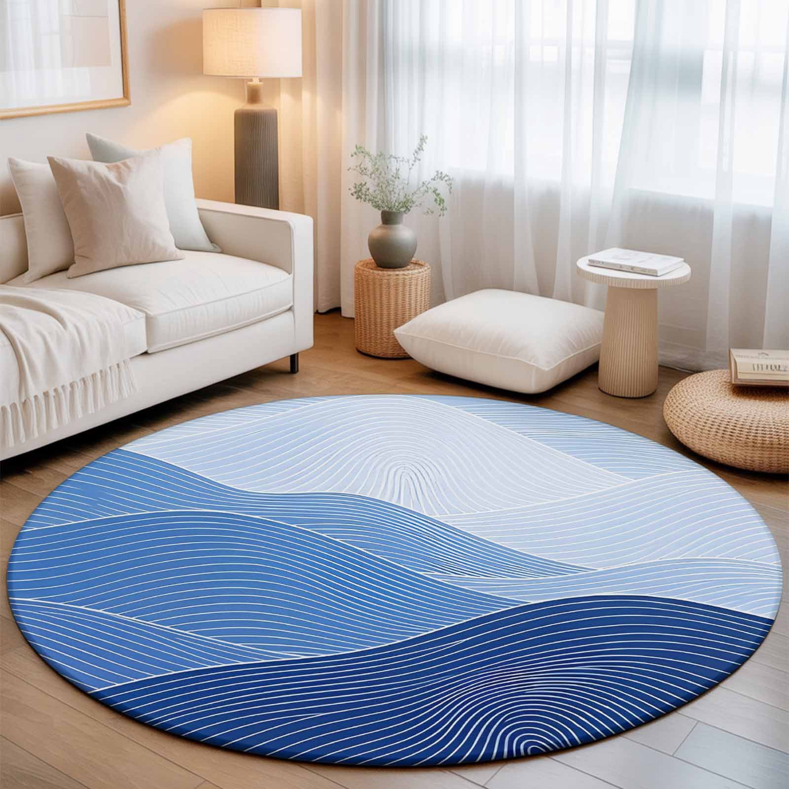 Blue Mountain Ridges Round Living Room Rugs 8 ft, Sky Blue Ombre Fluid ...