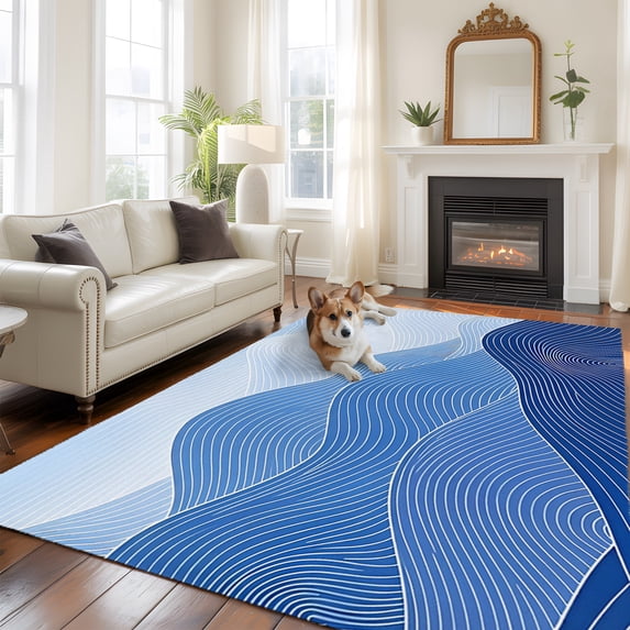 Blue Mountain Ridges Washable Area Rug 8x10 Sky Blue Ombre Fluid Lines ...