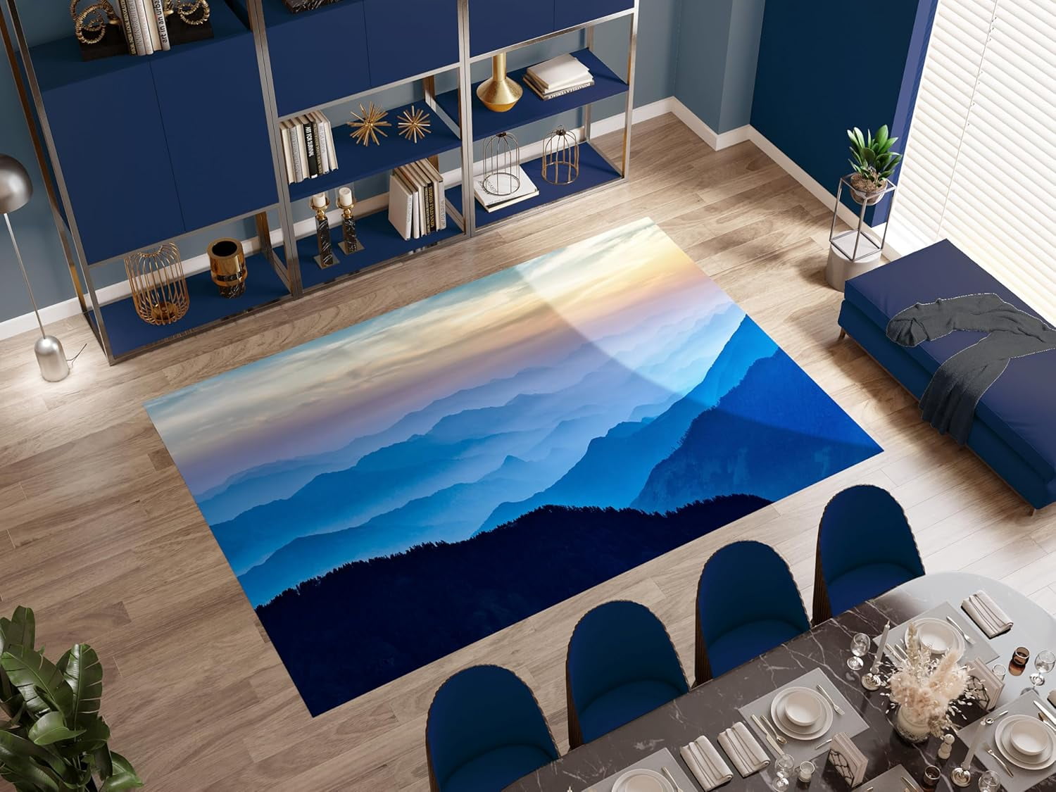 Blue Mountain Rugs For Bedroom,Modern Mountain Patterned Low-Pile Fade ...