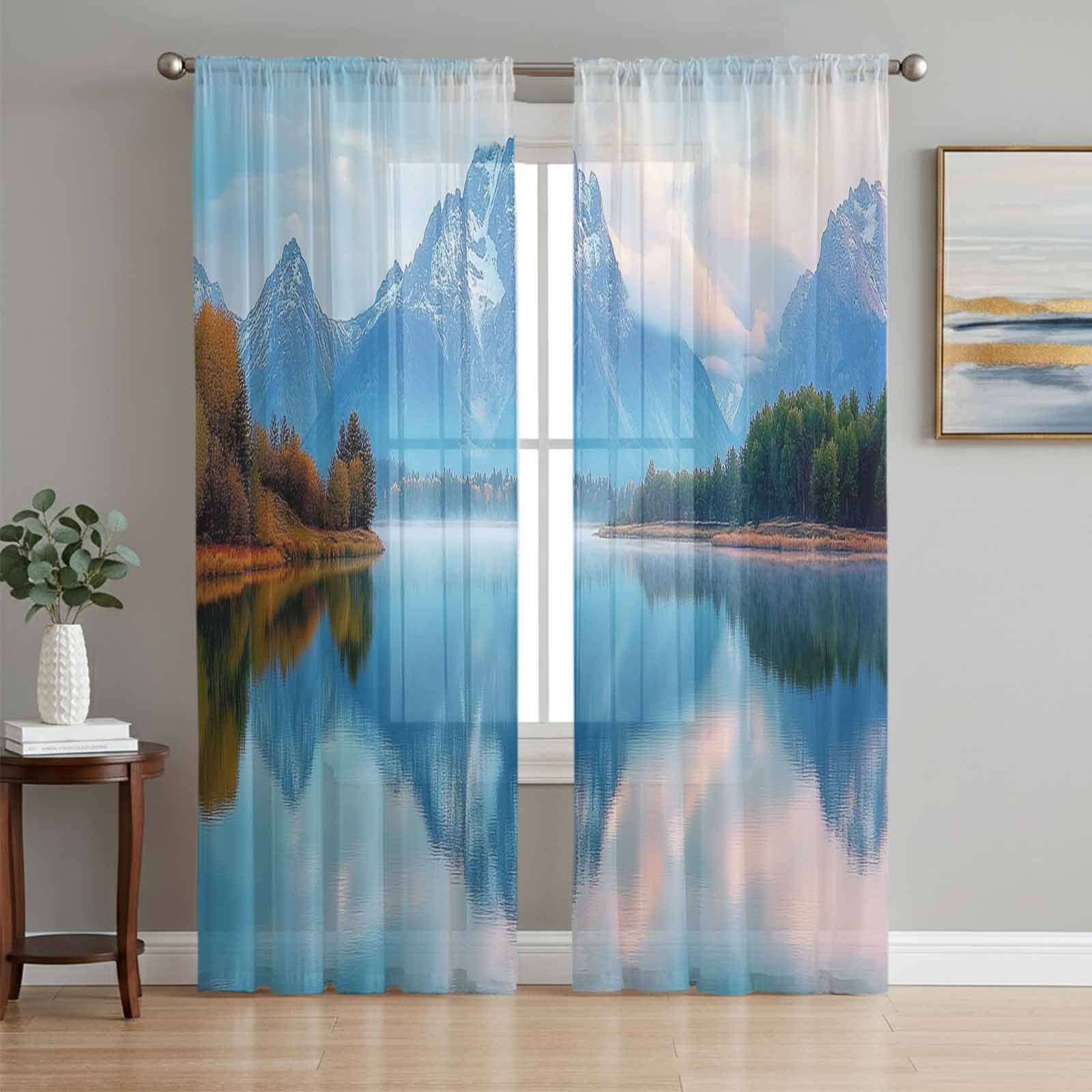 Blue Mountain Sheer Curtains 63 Inch Length 2 Panels Set, Forest Modern ...