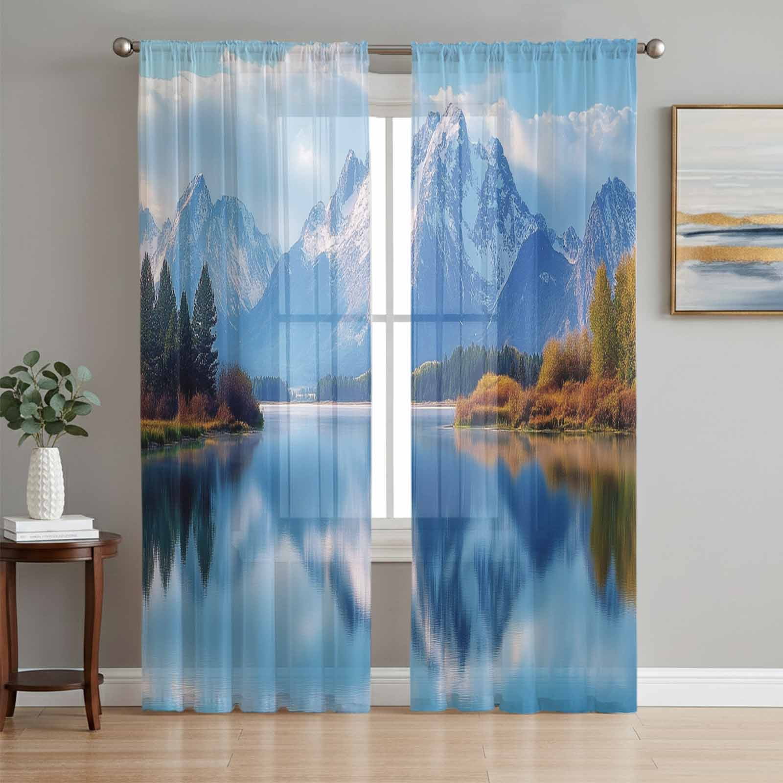 Blue Mountain Sheer Curtains 84 Inch Length 2 Panels Set, Modern Art ...