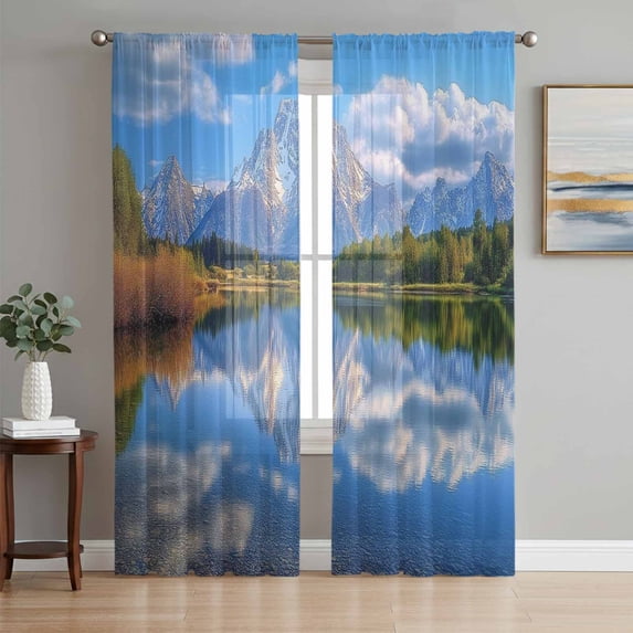 Blue Mountain Sheer Curtains 84 Inch Length 2 Panels Set, Modern Art Green Forest Lake Voile ...