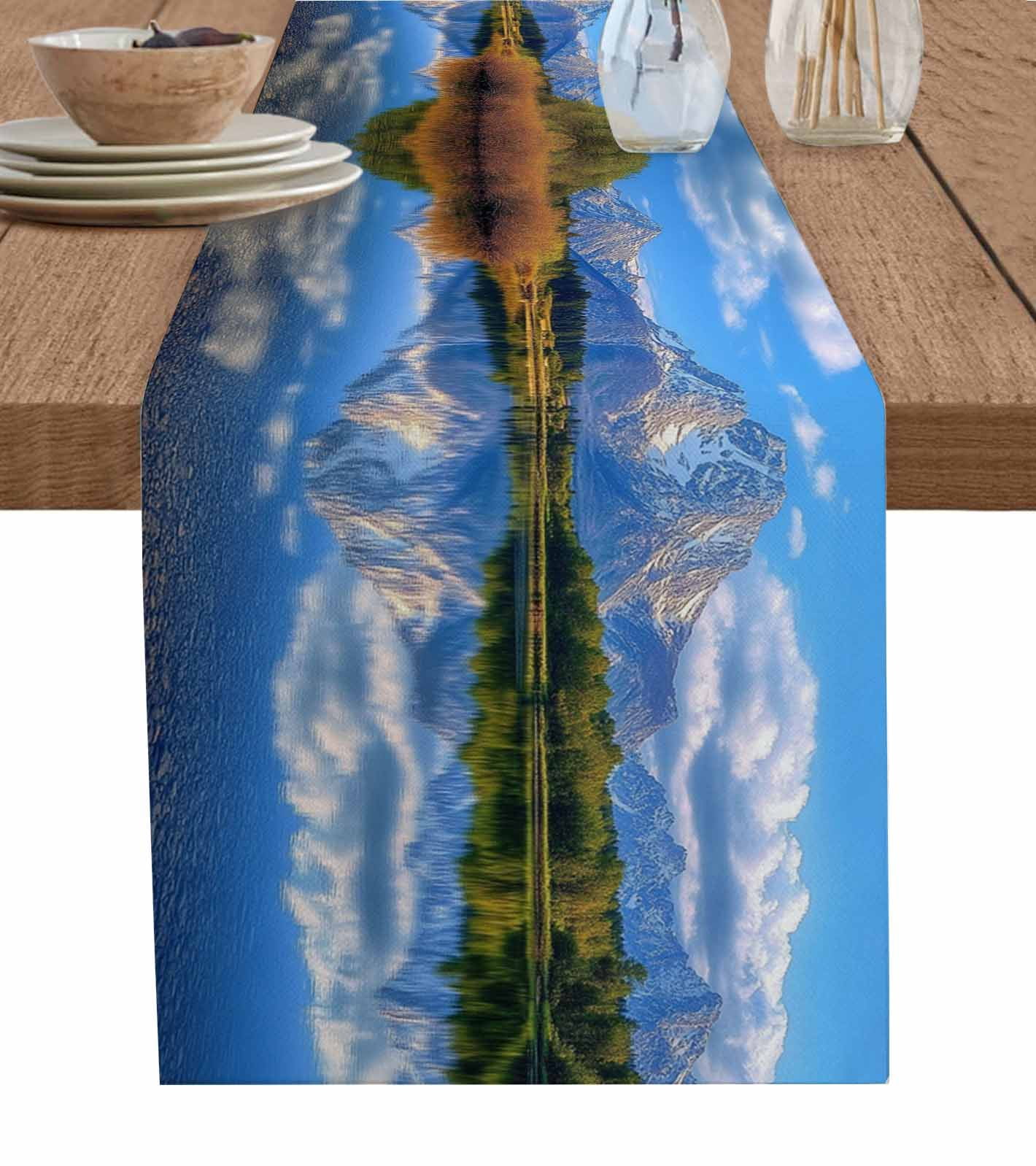 Blue Mountain Table Runner 70 Inches, Modern Art Green Forest Lake Bed ...