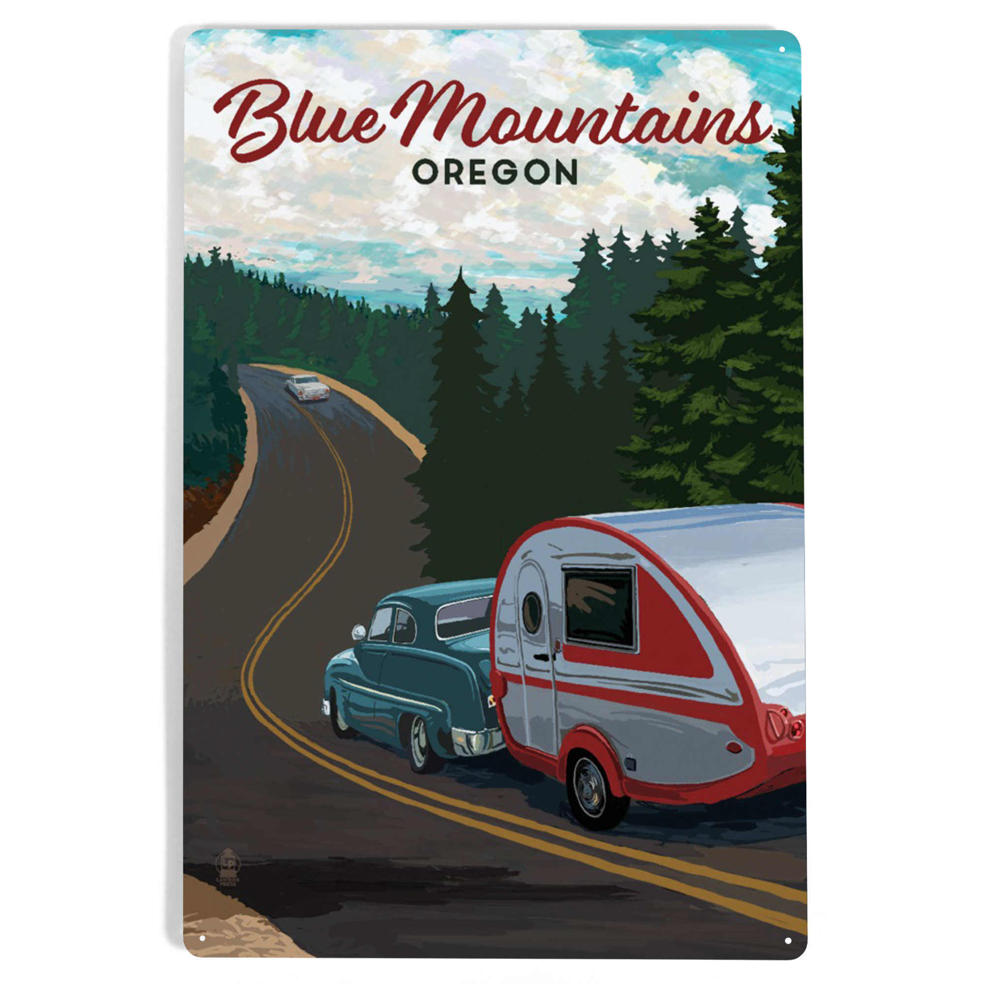Blue Mountains, Oregon, Retro Camper on Road (12x18 Aluminum Art ...