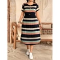 Blue Multicolor Striped Short Sleeve Knit Midi Dress For Women ...