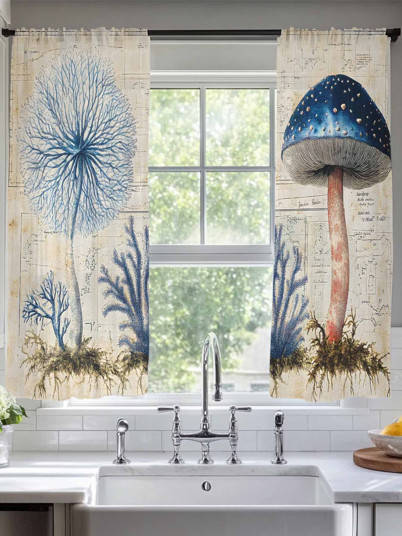 Blue Mushroom Sheer Curtains for Living Room Bedroom Spring Watercolor ...